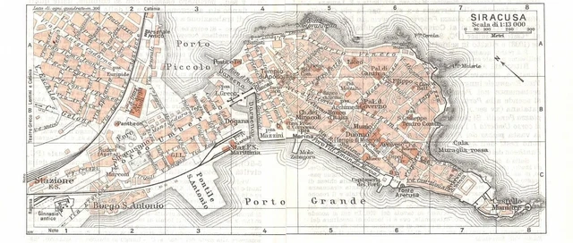 CARTA GEOGRAFICA ANTICA SIRACUSA pianta della città del TCI 1940 ...