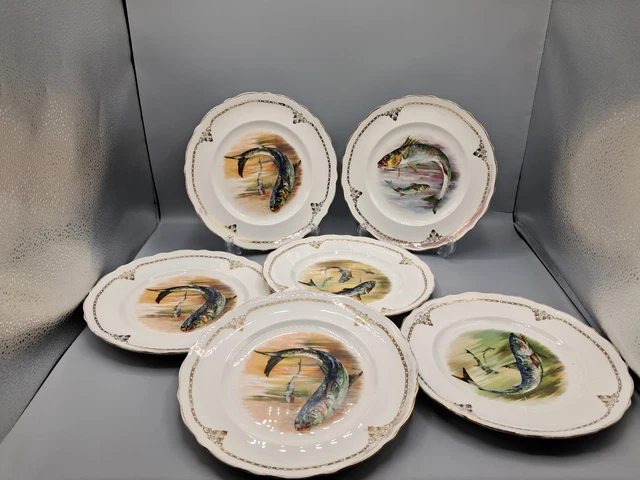 ANTIQUE PORCELAIN FISH Plates By La Francaise, Set Of 6, Dinner Or ...
