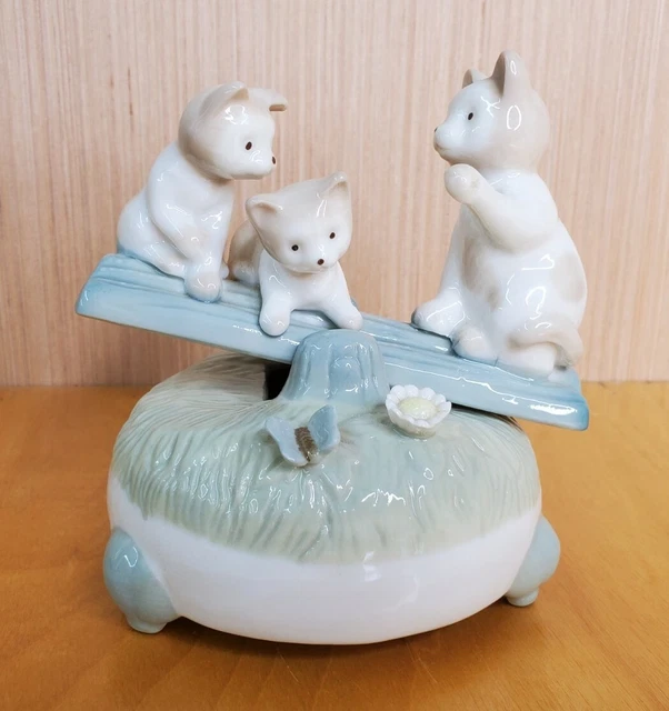 VINTAGE PORCELAIN MUSIC Box Cat Kittens On Seesaw "Memory" From Musical ...