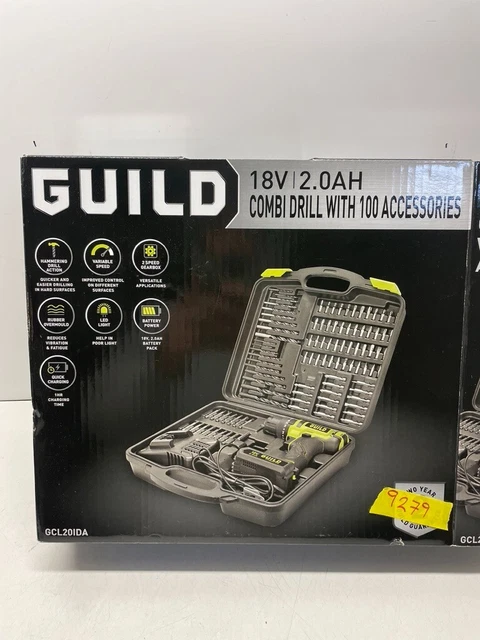 GUILD CORDLESS IMPACT Drill & 100 Accessories 2.0AH 18V Battery ...