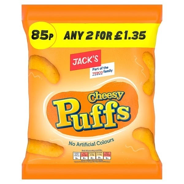 JACK'S CHEESY PUFFS Crisps Crunchy Maize Snacks No Artificial Colours ...