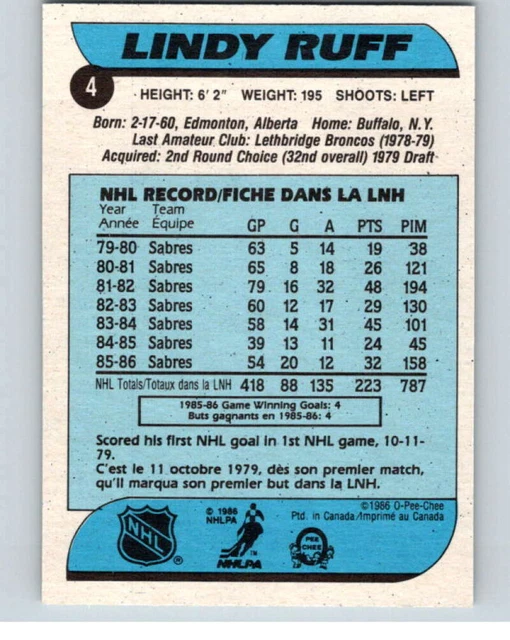 1986-87 O-PEE-CHEE #4 Lindy Ruff Buffalo Sabres V63205 EUR 0,80 ...