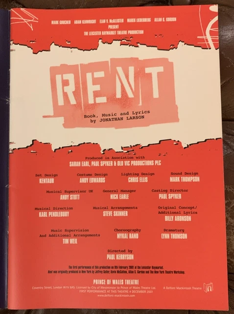 RENT THE MUSICAL Programme Prince Of Wales Theatre (2001) By Jonathan ...