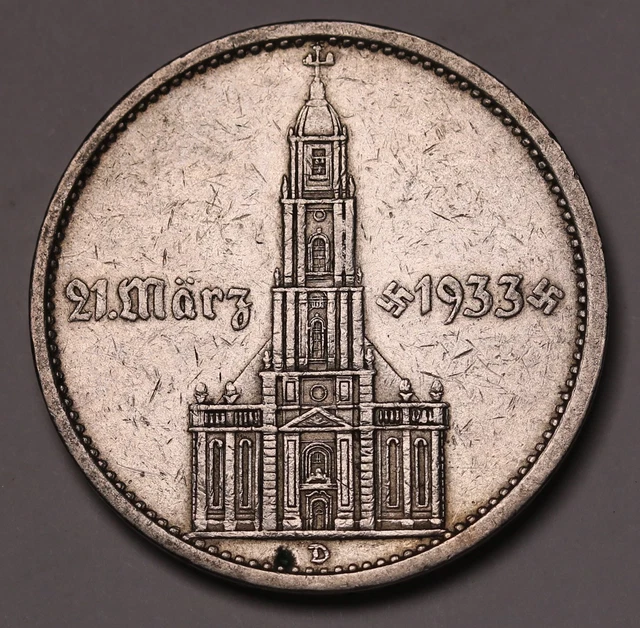 1934 D GERMANY 5 Reichsmark Potsdam Garrison Church, Silver Coin KM# 82 ...