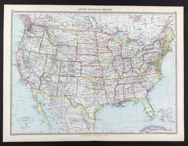 AMERICA UNITED STATES map original with colour detailed map 1906 £31.95 ...