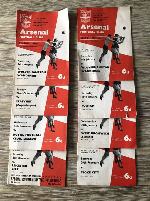 8 X ARSENAL FC FOOTBALL PROGRAMMES. 1963-64 (50th ANNIVERSARY SEASON ...