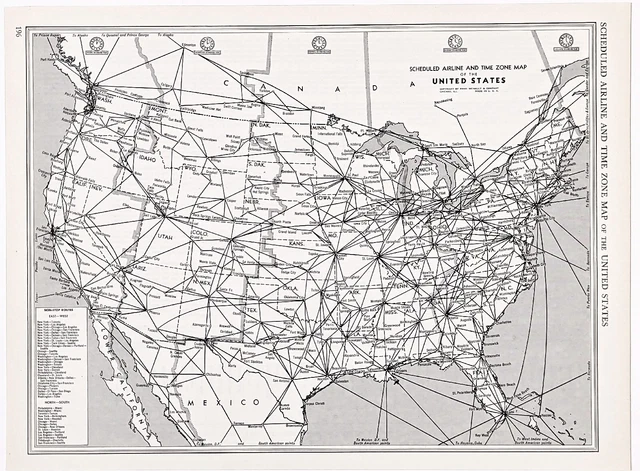 1956 MAP UNITED States Airline & Time Zones Scheduled Flights Non-Stop ...