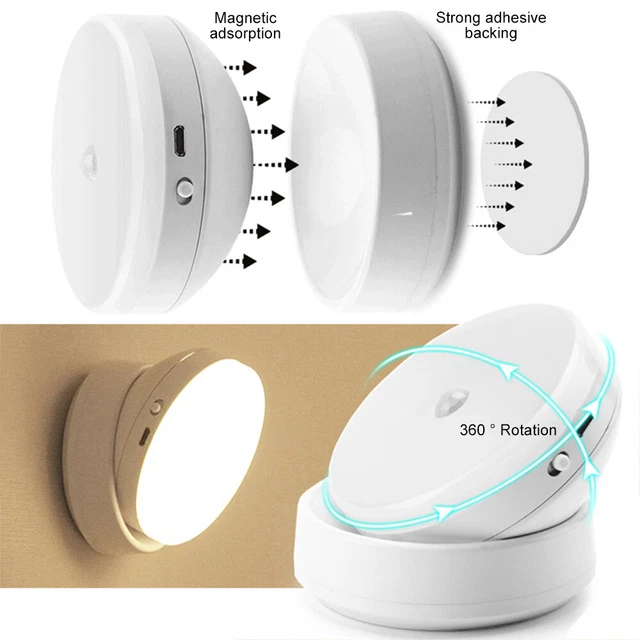 WIRELESS RECHARGABLE MOTION Sensor LED Closet Puck Light Wall Cabinet ...