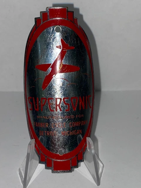 NOS ANTIQUE SUPERSONIC bicycle HEAD BADGE Farber Cycle Co Schwinn ...