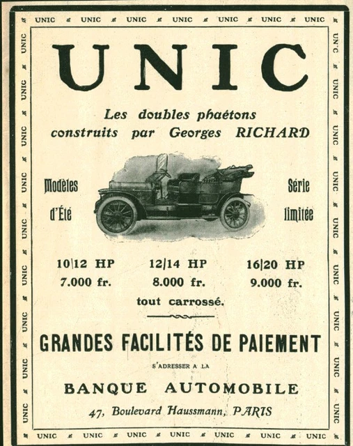 PUBLICITÉ ANCIENNE VOITURE automobile Unic Georges Richard 1908 issue ...