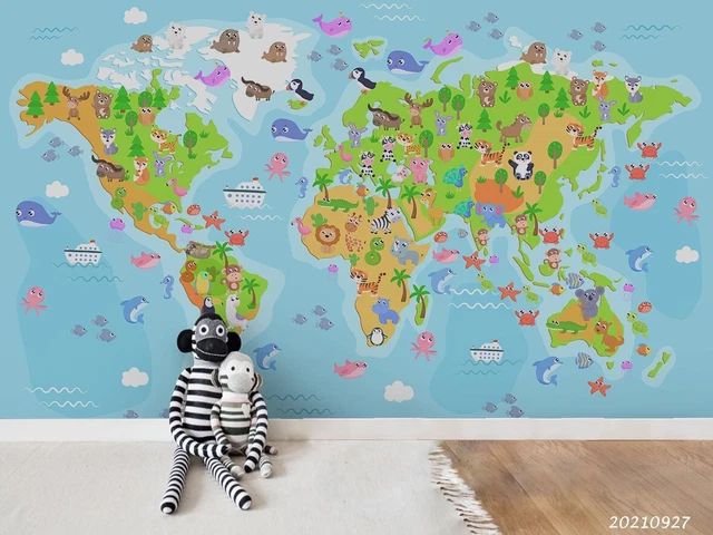 3D WORLD MAP Animal Blue Ocean Wallpaper Wall Murals Removable ...