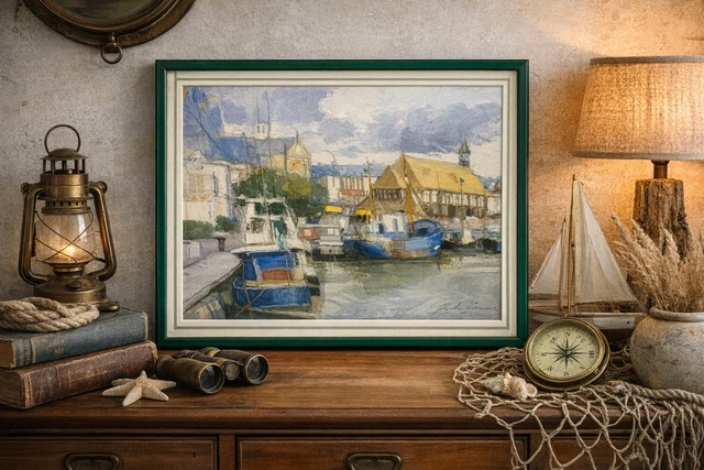 AQUARELLE SIGNÉE PORT animé bateaux scène maritime 37x47 cm encadrée ...