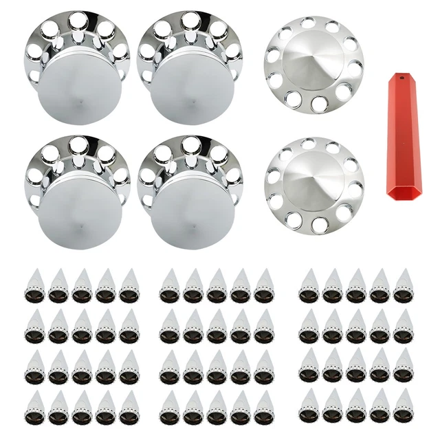 NEW 33MM CHROME Hub Cover Kit Front Rear Semi Truck Wheel Axle Covers ...