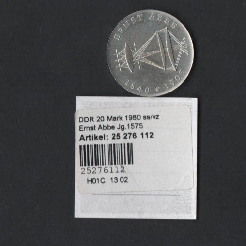DDR, 20 MARK Gedenkmünze, 1980,75.Tod. v.Ernst Abbe,stempelglanz,500 ...