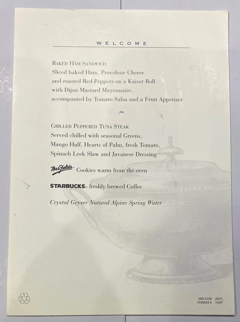 VINTAGE 1997 UNITED Airlines First Class Flight Menu Seattle Los ...