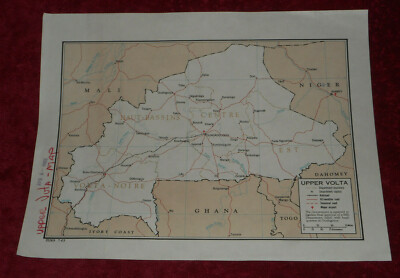 1963 MAP OF Upper Volta Republic Roads Cities Railroads Department ...