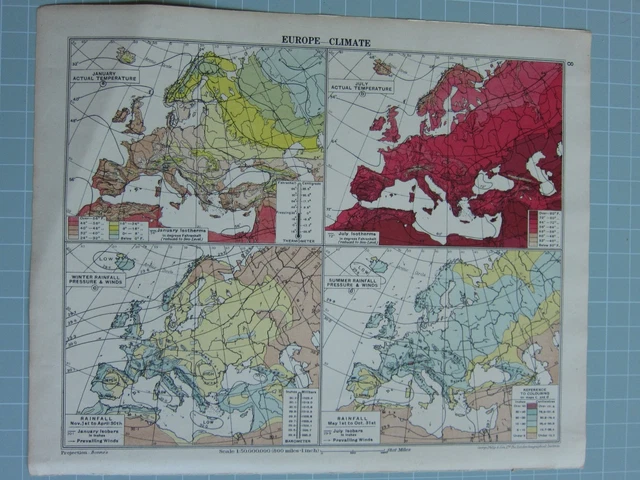 1933 MAP ~ Europe Climate Pressure & Winds Rainfall Summer & Winter ...