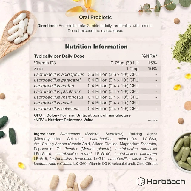 HORBAACH ORAL PROBIO 6bn CFU Dental Probiotics 60 Vegan Tablets Mint £ ...