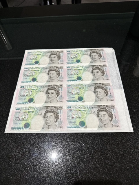 BANK OF ENGLAND Five Pound x8 Banknote Sheet Uncut Kentfield 1990 BH28 ...