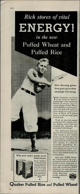 1933 QUAKER PUFFED Rice and Puffed Wheat Cereal Tennis Vintage Print Ad ...