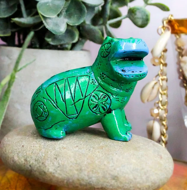 TURQUOISE GREEN EGYPTIAN Goddess Taweret Hippo With Hieroglyphs Mini ...