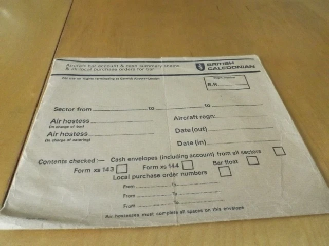 BRITISH CALEDONIAN AIRWAYS envelope for aircraft bar & cash summary ...