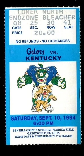 TICKET COLLEGE FOOTBALL Florida Gators 1994 9/10 Kentucky EUR 16,18 ...