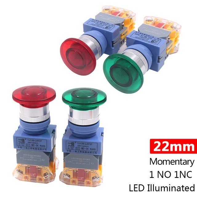 EMERGENCY STOP SWITCH Push Button Mushroom E-Stop 22mm Momentary LED ...
