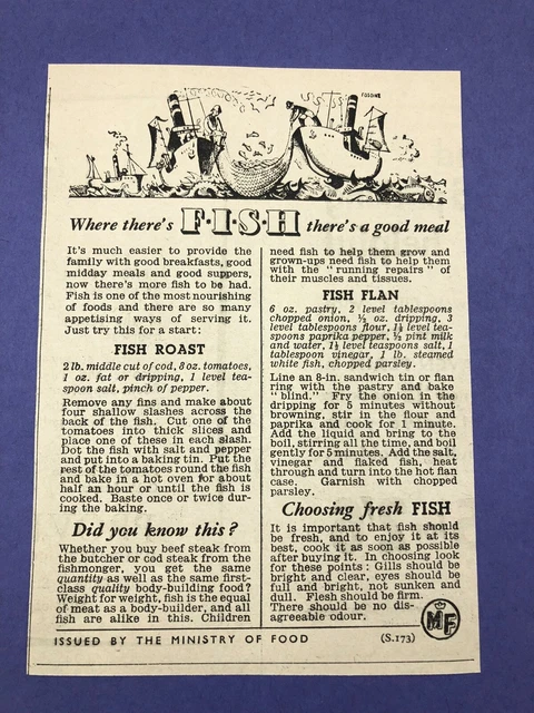 MINISTRY OF FOOD Fish Recipes Original 1947 Print Advert Small Cutting ...