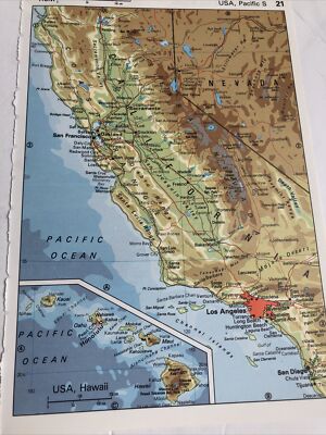 MAP OF USA Pacific Physical 1996 TA Bartholomew Times San Francisco Los ...