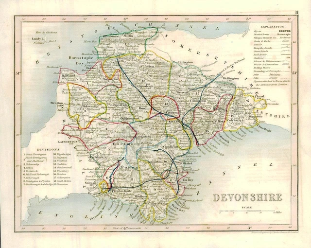 1860 JOSHUA ARCHER map of DEVONSHIRE England with outline colour (AM3 ...