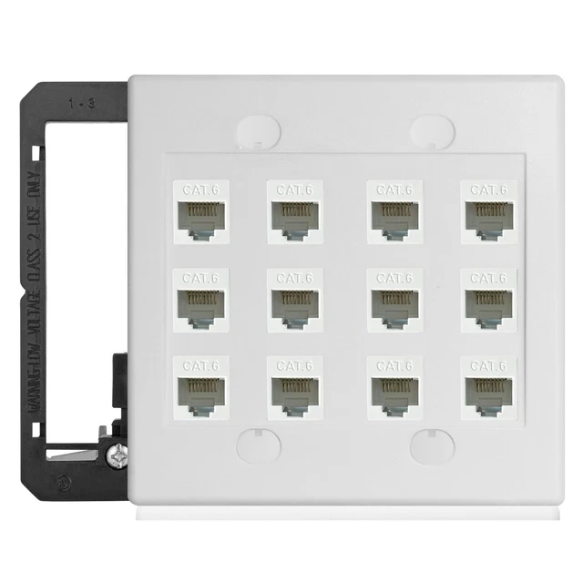 12 PORT ETHERNET Wall Plate White Cat6 Keystone Jack RJ45 Cables Inline ...