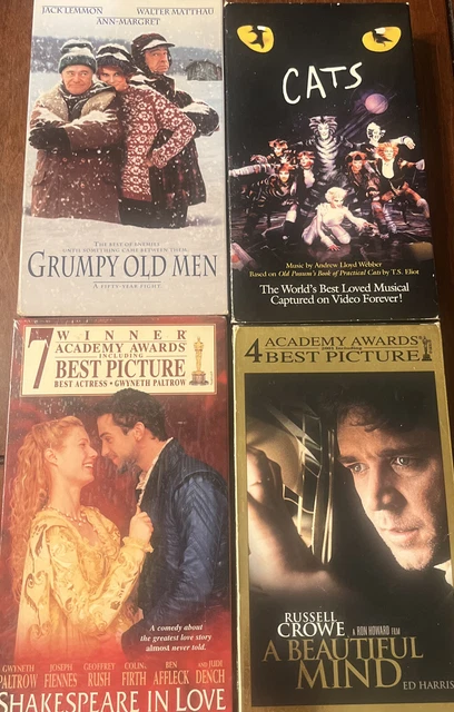 4 VINTAGE VHS Tapes-A Beautiful Mind, Grumpy Old Men. Cats, Shakespeare ...
