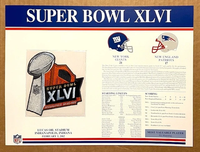 CARTE PATCH OFFICIELLE NFL SB XLVI SUPER BOWL 46 GÉANTS / PATRIOTS ...