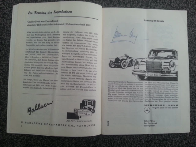 1962 GERMAN GRAND PRIX Programme HERMANN LANG SIGNED AUTOGRAPHED £59.99 ...