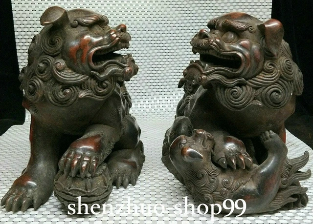 STATUA 12& VECCHIA Cina viola bronzo popolare Feng Shui Foo Fu cane ...