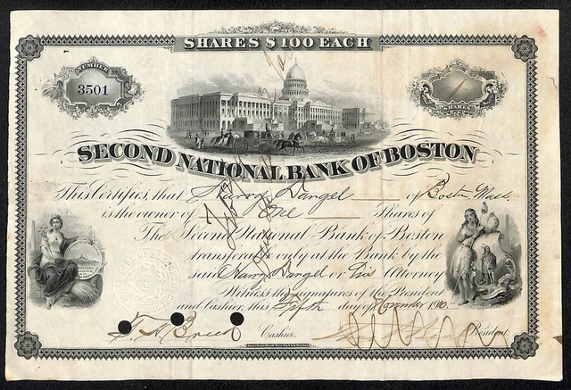 SECOND NATIONAL BANK of Boston 1910 Stock Certificate to Harry Dangle £ ...
