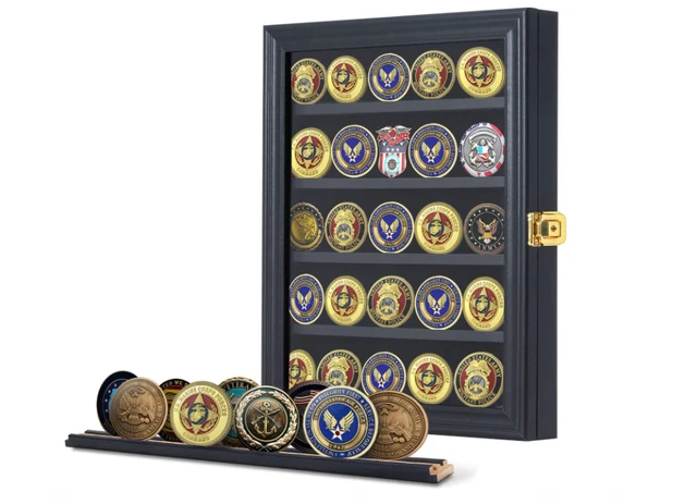 MILITARY CHALLENGE COIN Display Case Lockable Cabinet Rack Holder ...