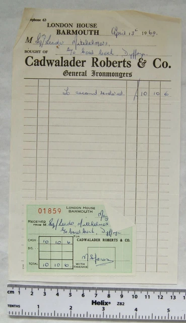 1960 INVOICE CADWALADER Roberts & Co., ironmongers, Barmouth £2.00 ...
