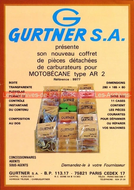 PUBLICITÉ FLYER CARBURATEUR GURTNER coffret MOTOBECANE Type AR1 AD / Réf : 9978 EUR 12,99 ...