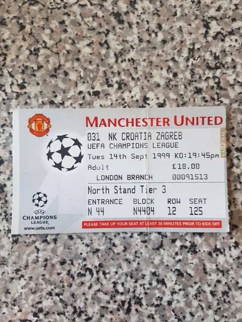 MATCH TICKET CHAMPIONS LEAGUE MAN UTD V CROATIA ZAGREB 14th sep 1999 £1 ...