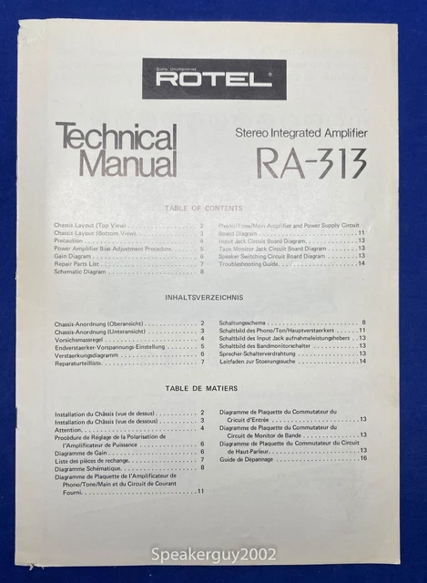 ORIGINAL ROTEL RA-413 Stereo Integrated Amplifier Technical Manual £16. ...