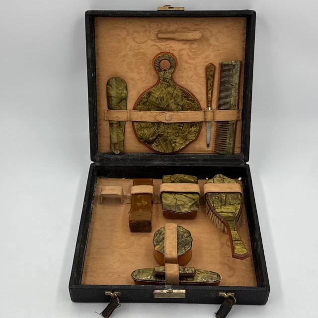 ANTIQUE 1920S ART Deco Pearl Celluloid Bakelite Plastic 9 Pc Vanity Set ...