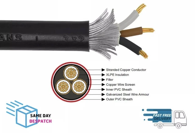 15M ARMOURED SWA Cable 3 Core 10mm Copper OUTDOOR Electric steel Power ...