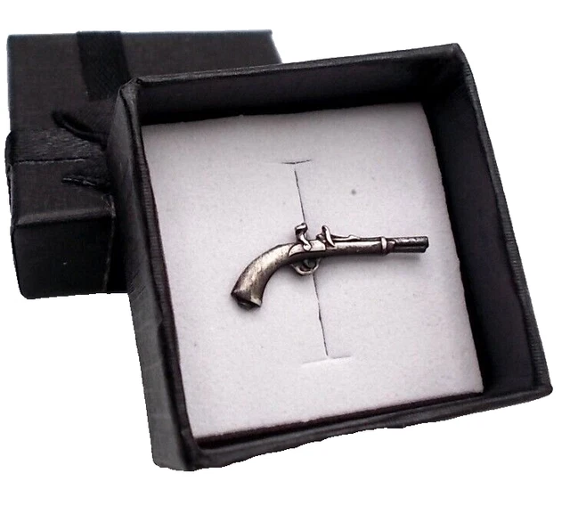 VINTAGE FLINTLOCK PISTOL Gun Tie Lapel Pin Tack Pewter Silver Tone ...
