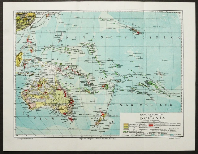 1900 ANTIQUE GEOLOGICAL map of OCEANIA. OCEAN PACIFIC. Australia ...