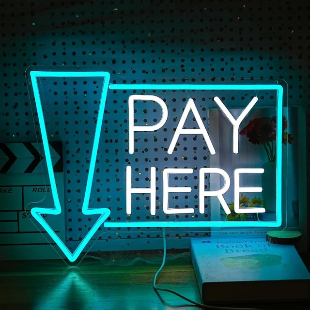 PAY HERE NEON Sign Bright Ice Blue White Light for Business Decor ...