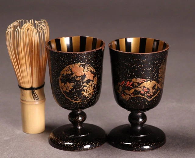 ANTIQUE JAPANESE LACQUERWARE Wooden Sake Cup 2pcs Gold Flowers Pattern ...