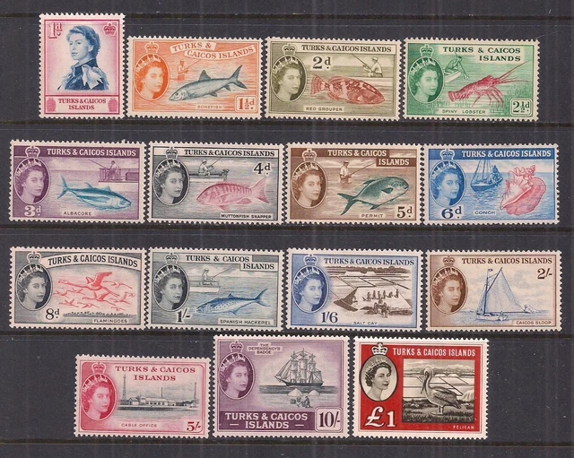 TURKS/CAICOS-QE11 1957 FISH-SHIPS Set Of 15.Sg 237-250 + Sg 253..5/-Um ...