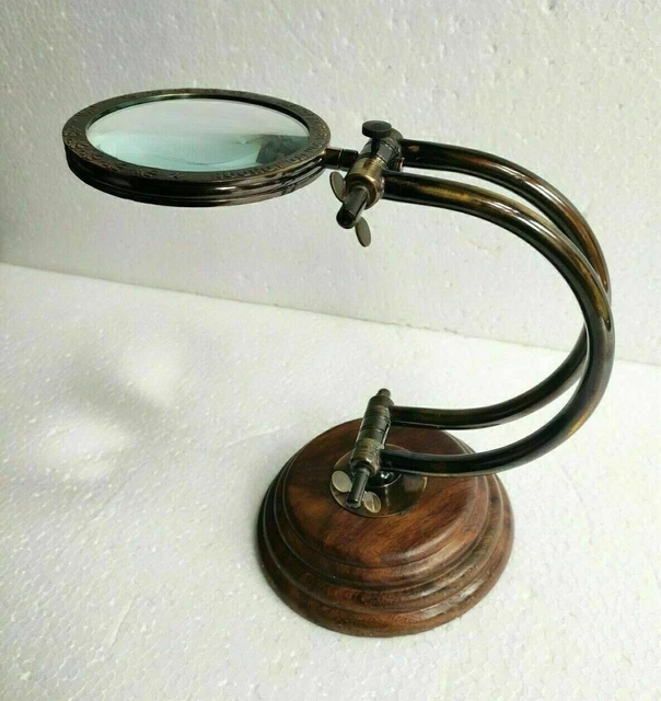 ANCIENNE LOUPE EN laiton loupe de bureau dessus de table support bois ...